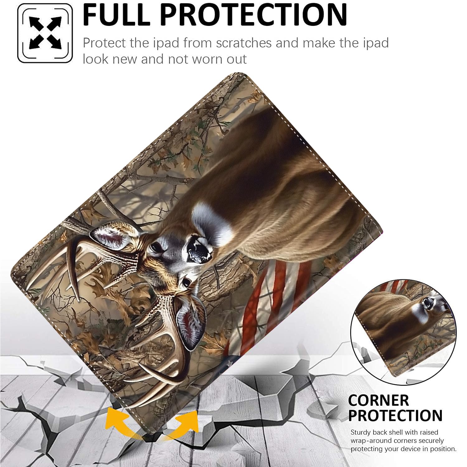 Case for iPad Pro 11 Inch 4th/3rd/2nd/1st Generation 2022/2021/2020/2018, Multi-Angle Smart Stand Cover Auto Sleep/Wake Fit iPad Air 4/5,Camouflage Deer American Flag