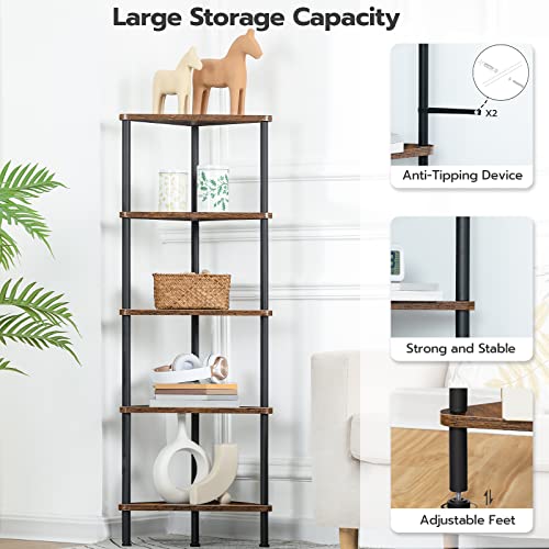 HOOBRO Corner Shelf with Metal Frame, Industrial 5-Tier Wall Corner Bookshelf Stand Display Plant Flower, Bookcase for Small Spaces, Bedroom, Living Room, Rustic Brown BF33CJ01