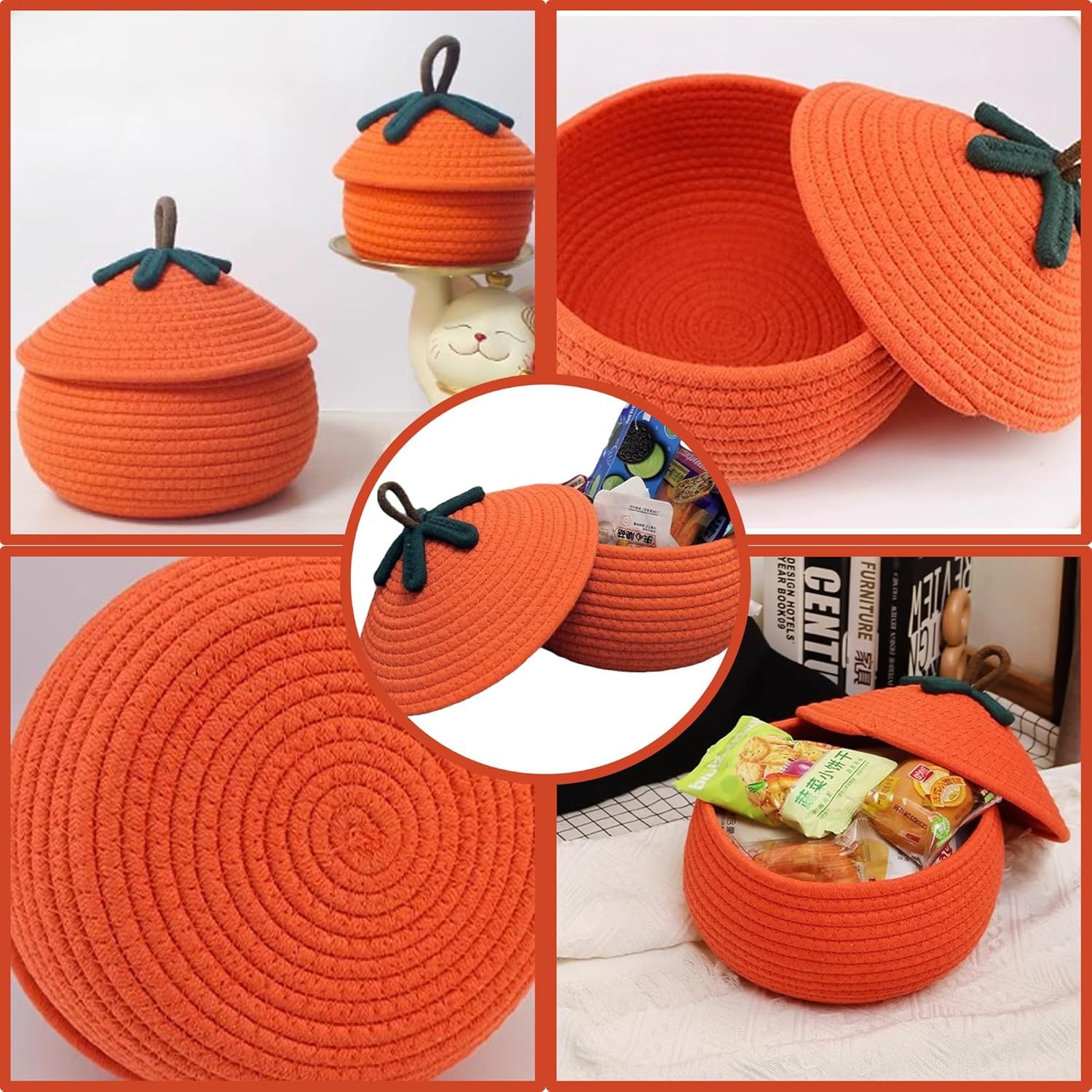 Halloween Pumpkin Basket with Lid,Pumpkin Basket,2024 New Halloween Pumpkin Treat Buckets Gift Basket,Candy Basket Decorative Cute Basket(L)