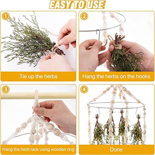 Gecorid Boho Drying Rack | Macrame Flower Drying Rack with 15 Hooks - Kitchen Decor Dryer Hangers for Drying Air Plants Spices Flowers