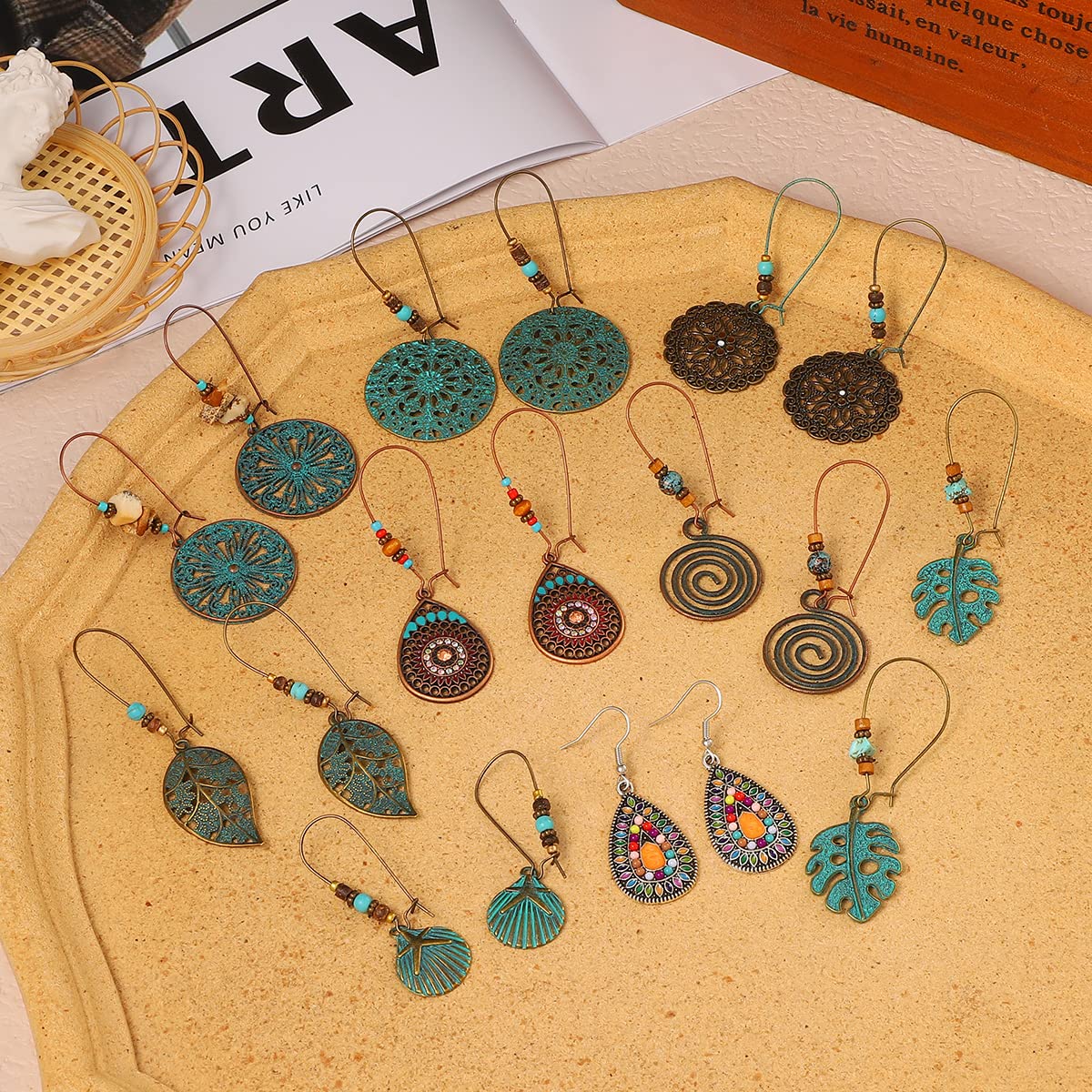 Bohemian Vintage Dangle Earrings Boho Retro Hollow Metal Dangle Drop Earrings for Women Girls (9pairs)