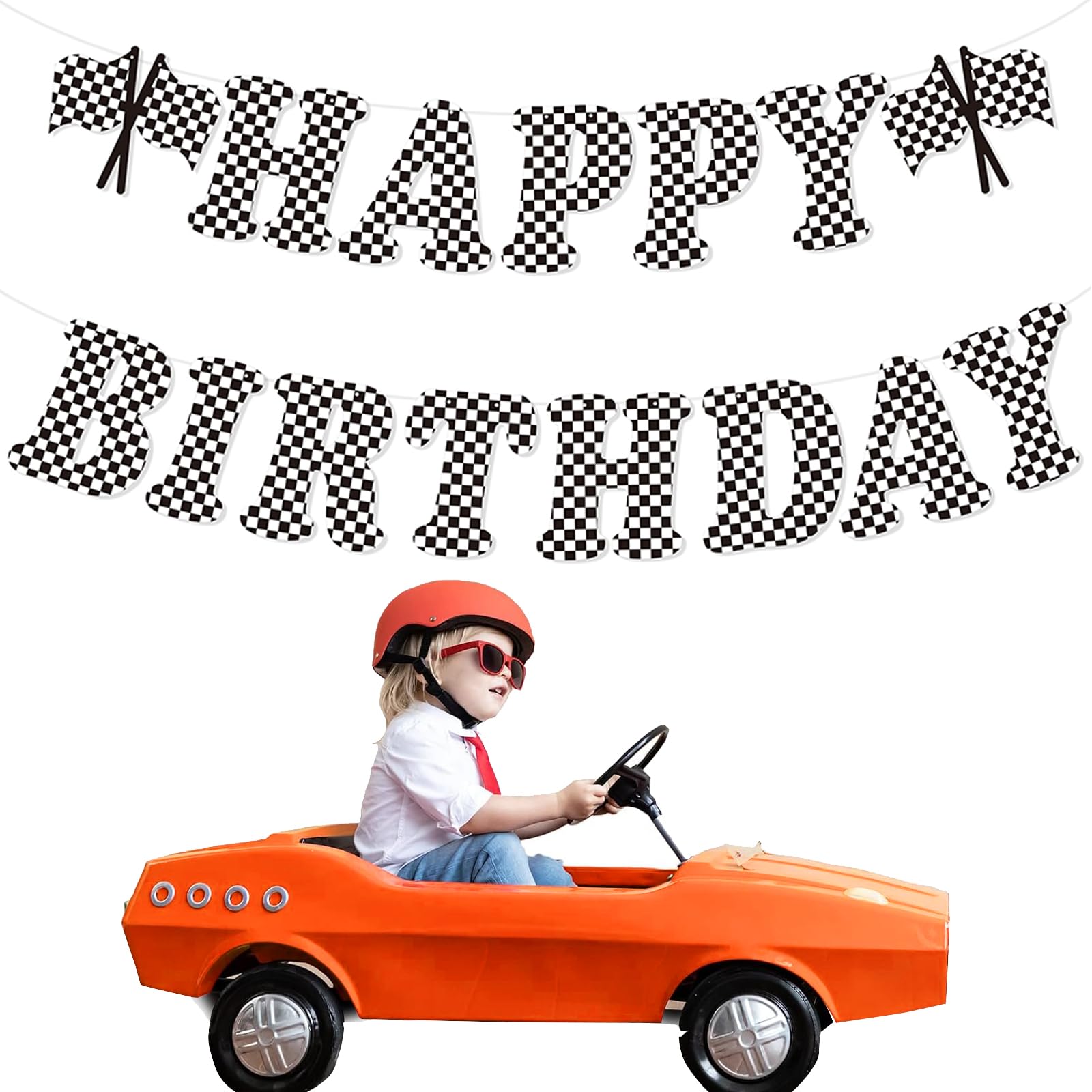 Diprin Racing Birthday Banner, Black and White Checkered Banner Racing Birthday Party Decorations, for Nascar Race Party Supplies 