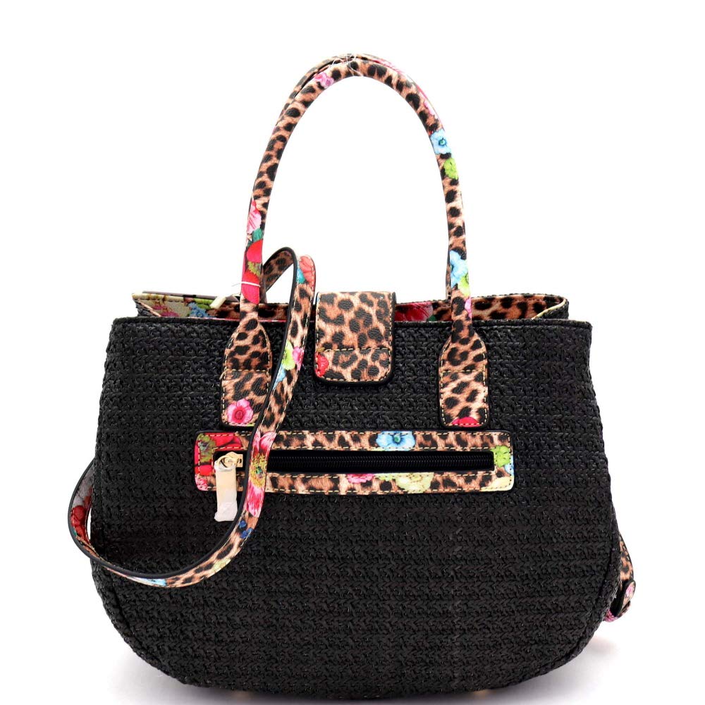 Boho Flower Leopard Print Summer Woven Straw Crossbody Satchel Tote Wallet Set (Leopard Flower Print Tote Set - Taupe)
