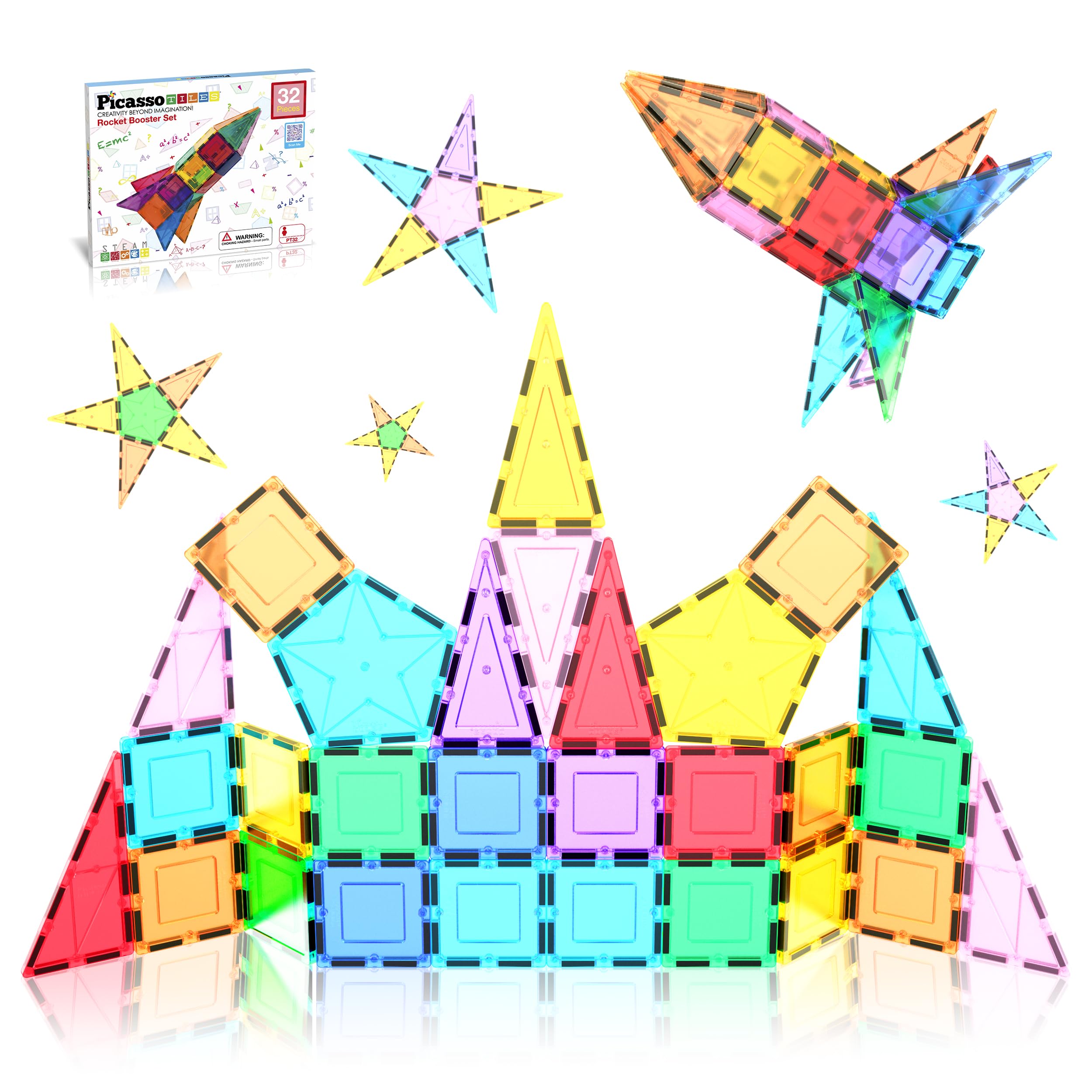 PicassoTiles Magnetic Building Block Rocket Booster Theme Set Magnet Construction Toy Educational Kit Engineering STEM Learning Playset Child Brain Development Stacking Blocks Playboard PT32