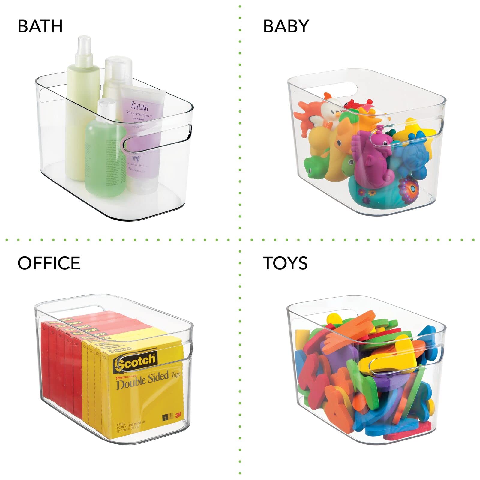 mDesign Deep Plastic Toy Bin with Handles - Storage Organizer for Kid Nursery, Playroom, Classroom - Hold Books, Action Figures, Blocks, Crayons, Dolls - 10" Long, Aura Collection, 4 Pack, Clear