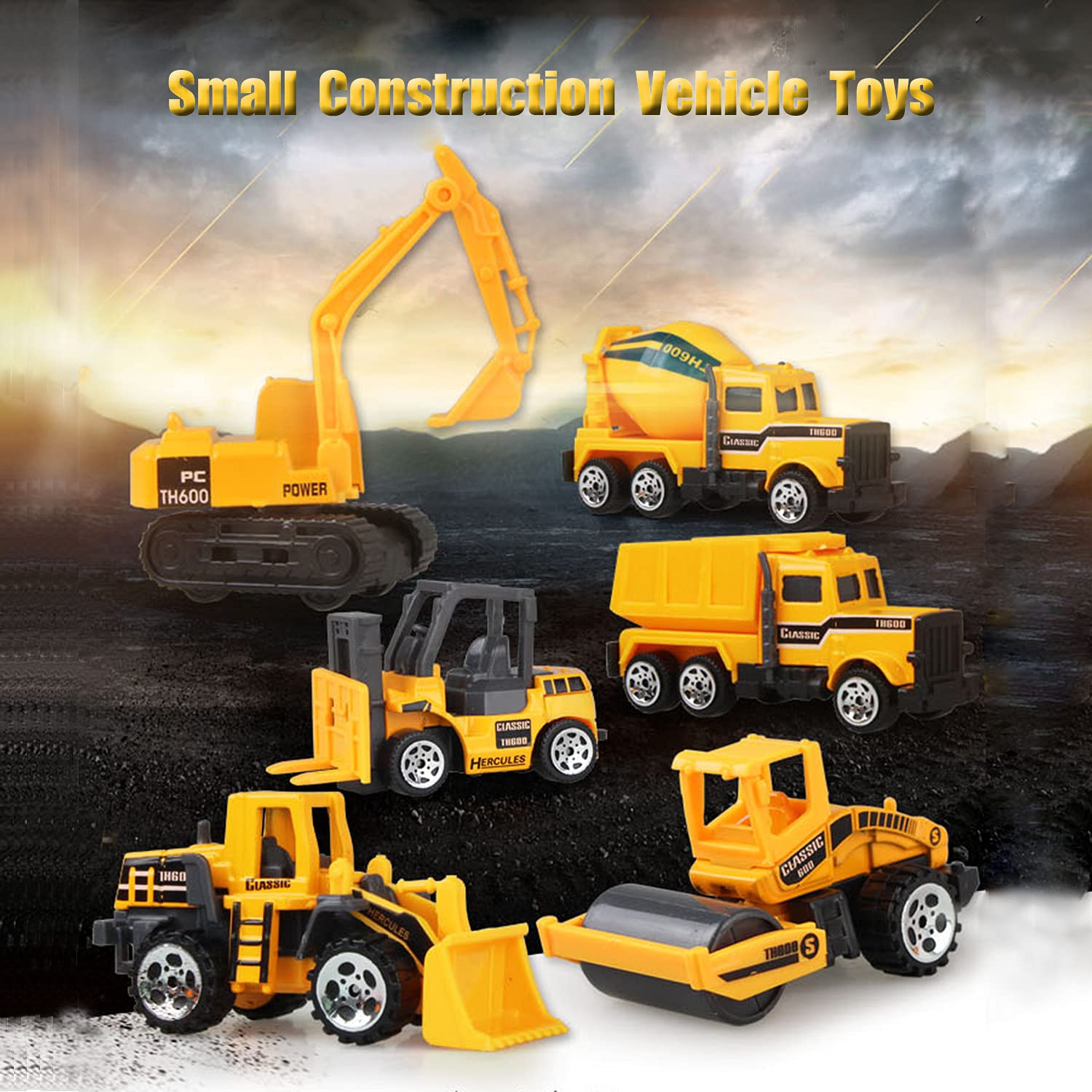 QAPIZM Small Construction Toys, 6Pcs Construction Vehicles Trucks Kids Birthday Gifts Vehicle Toy Toddlers Boys Mini Car Set Die Cast Engineering Excavator Digger Trucks