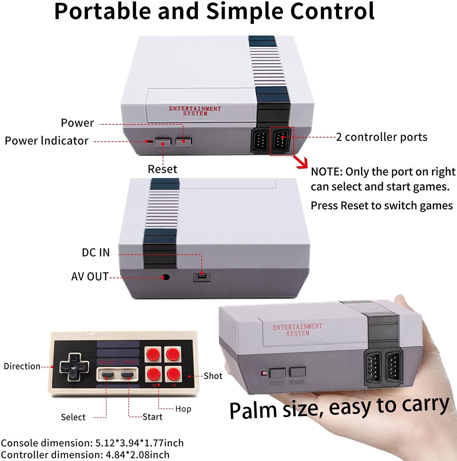 Classic Retro Game Console, Retro Mini Video Game System Built-in 620 Old-School Games, 8-Bit Video Game System with 2 Classic Controllers