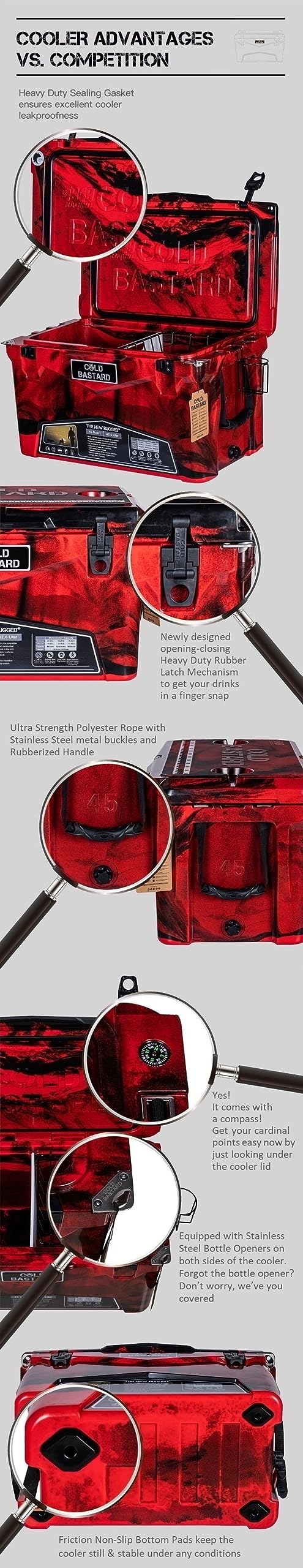 COLD BASTARD COOLERS 45QT Cold Bastard Rugged+ CAMO Red Best Premium Ice Chest Cooler Accessories Free S&H, CB45-CR
