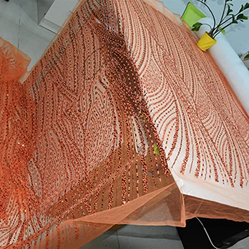 Pretty Tulle Lace Fabric with Beaded and Sewing Sequins Weddnig French Net Mesh Laces Fabrics 5 Yards Per Lot XCW-113 (Orange,5 Yards)