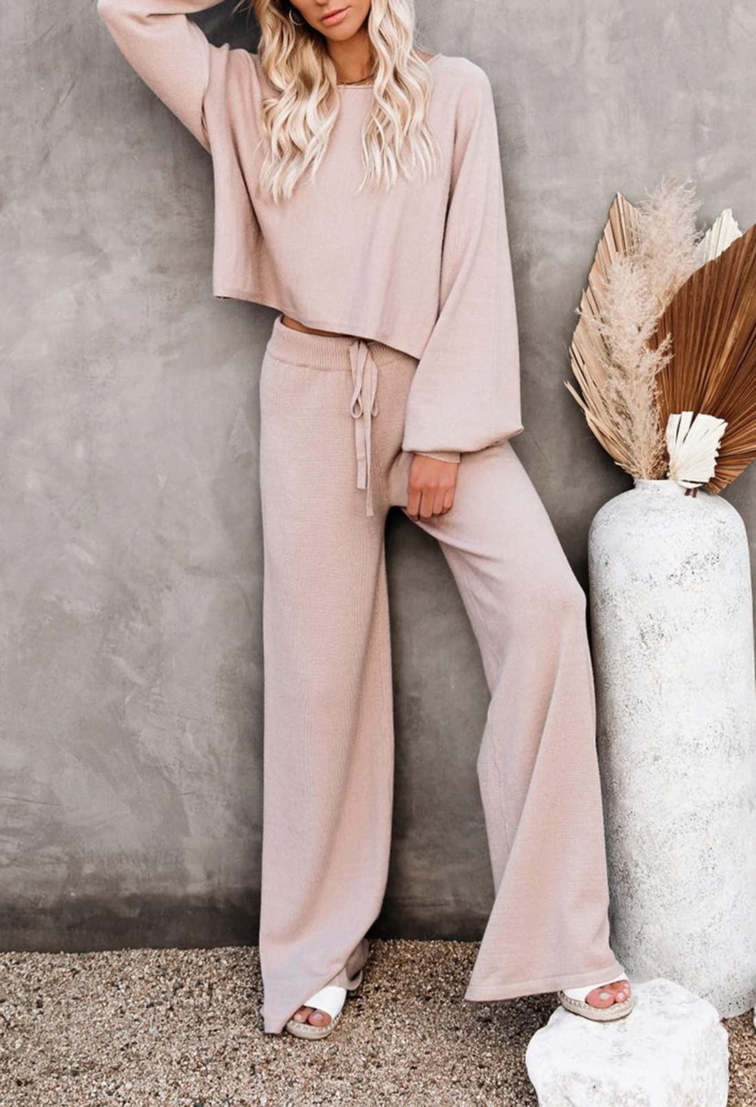 Ceuplon Women’s Two Piece Outfits Long Sleeve Knit Top Wide Leg Pants Sweatsuit Loungewear Sweater Set Beige M