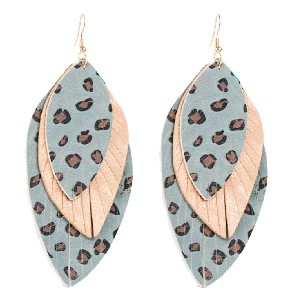 Boho Layered Leather Leaf Earrings for Women Girls Vintage Leopard Print Long Big Summer Statement Drop Dangle Hook Stud Lightweight Vintage Bohemian Beachy Jewelry (Blue)