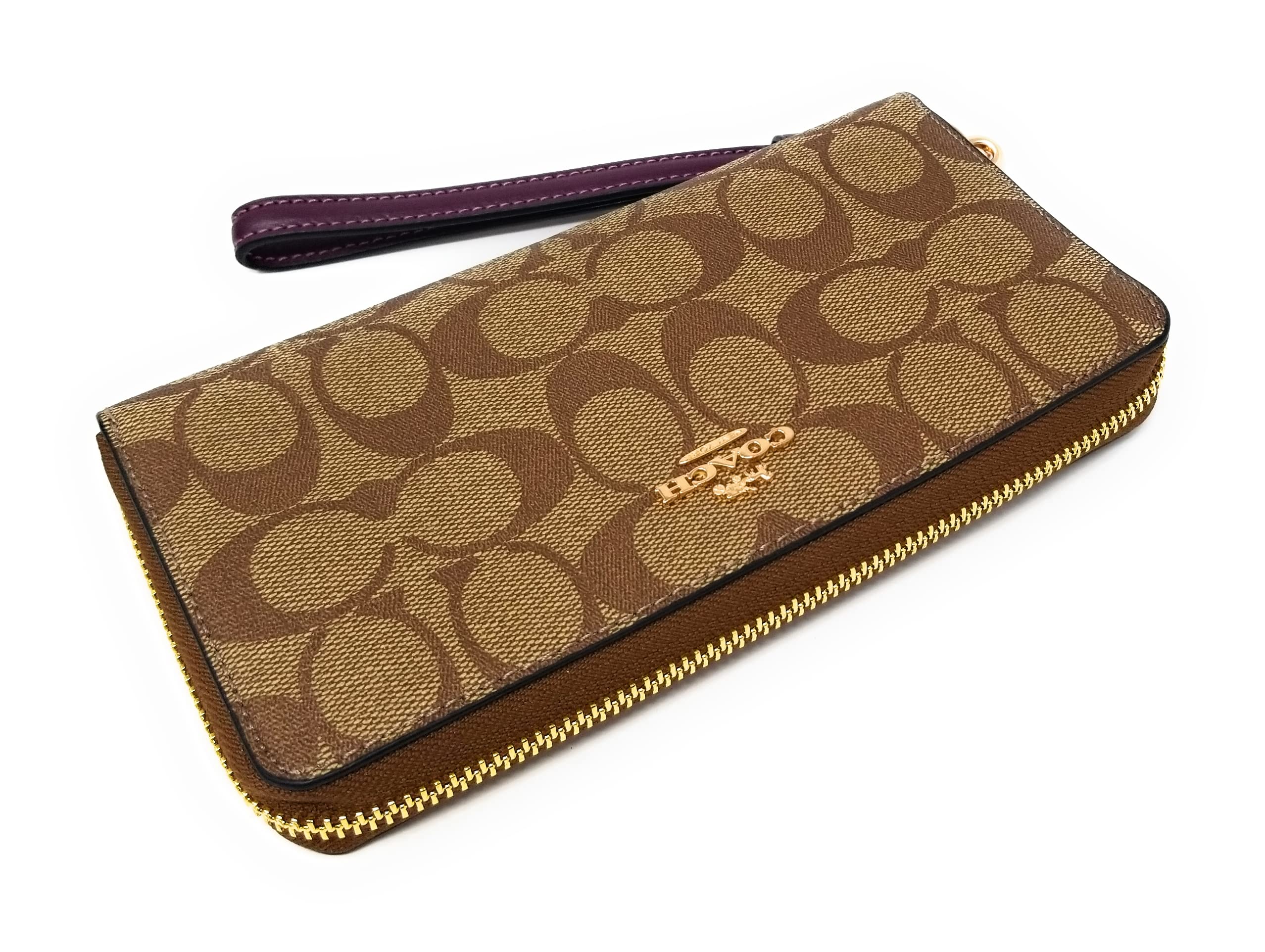 Coach Women's Long Zip Around Wallet (Signature Canvas, Khaki - Boysenberry)