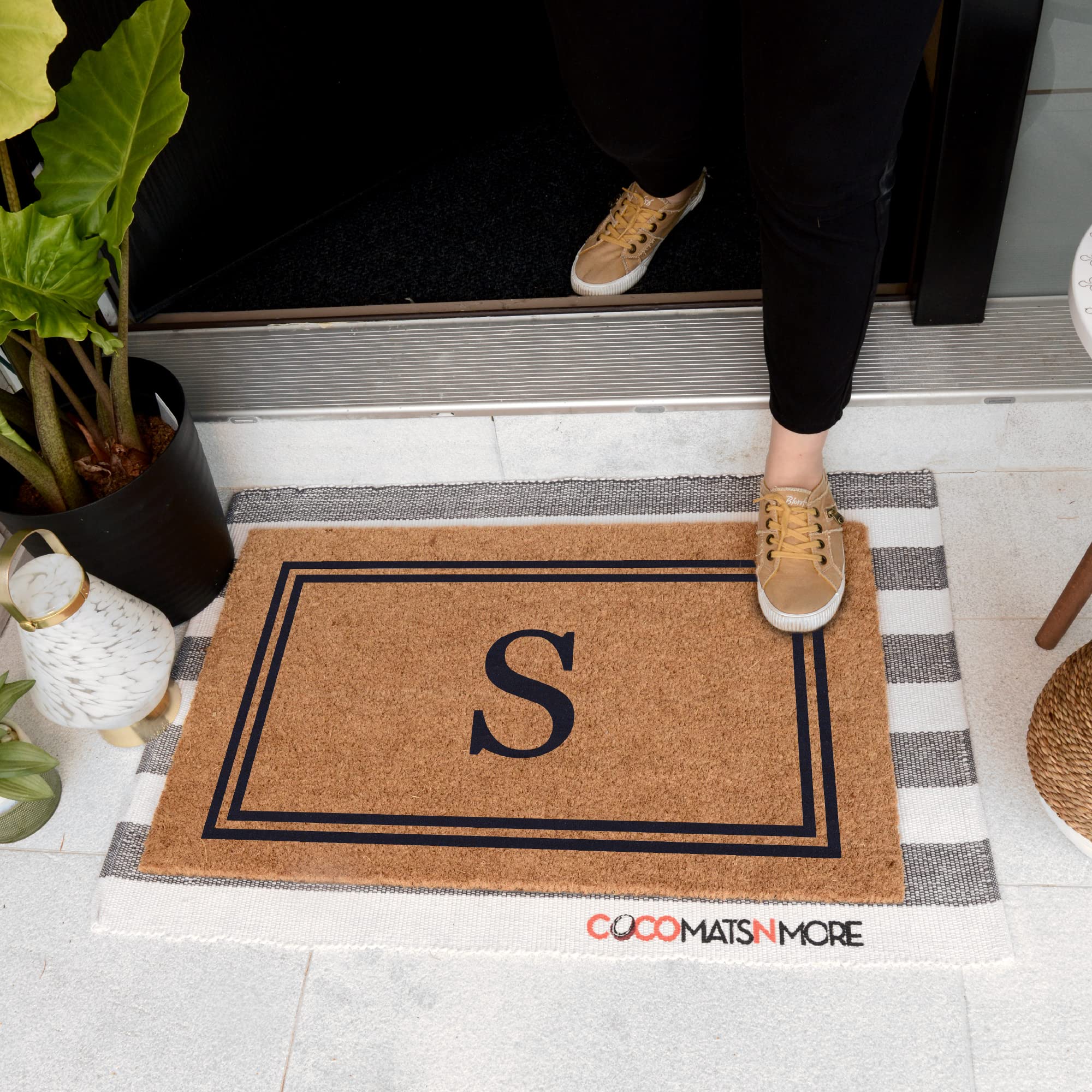 COCO MATS 'N MORE Blue Double Bordered Monogrammed Coco Doormat 38" x 60" with Vinyl Backing | Entry Rugs | Unique, Personalized Door Mats Outdoor | Tough Coconut Husk Scrapes All Dirt Off Shoes