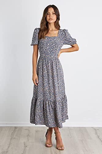 PRETTYGARDEN Women's Bohemian Dress Leopard Tie-Back Square Neck Puff Sleeve Ruffled Hem Summer Maxi Dresses(Blue,X-Large)