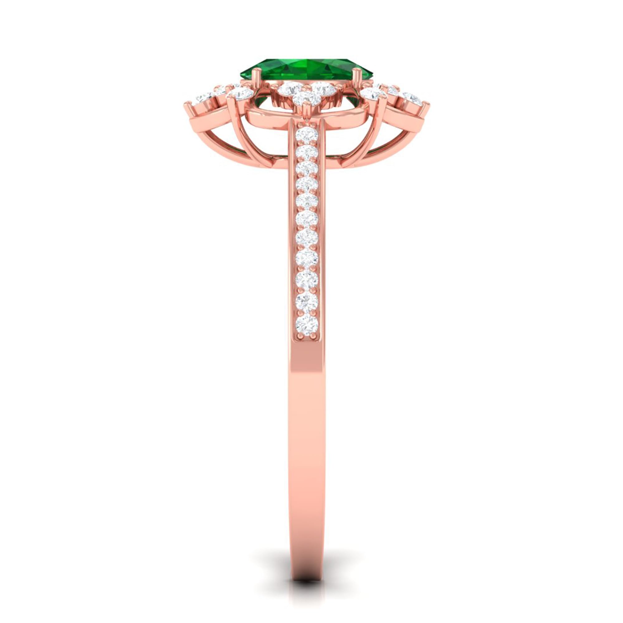 Created Emerald and Diamond Vintage Flower Engagement Ring | AAAA Quality, 14K Rose Gold, Size:US 10.50