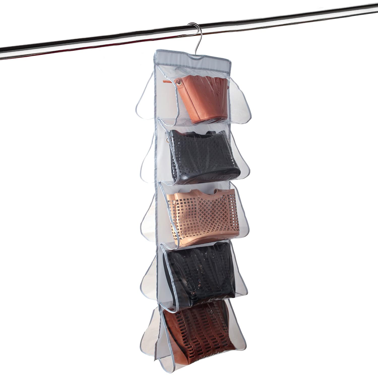 Szxc Closet Hanging Organizer for Small to Medium Handbag Purse - 50 x 14 inch, Dual-Sided 10 Clear See-Through Pockets, Wardrobe Storage Organizer for Shoes Boot Towel Clothes Scarf