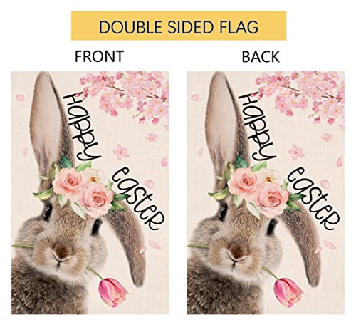 Easter Bunny Garden Flag 12x18 Vertical Double Sided Gray Rabbit Spring Floral Tulip Farmhouse Holiday Outside Decorations Burlap Yard Flag BW278