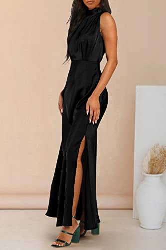 PRETTYGARDEN Women's Long Formal Satin Dress Mock Neck Sleeveless Side Slit Flowy Maxi Tank Dresses (Black,Medium)