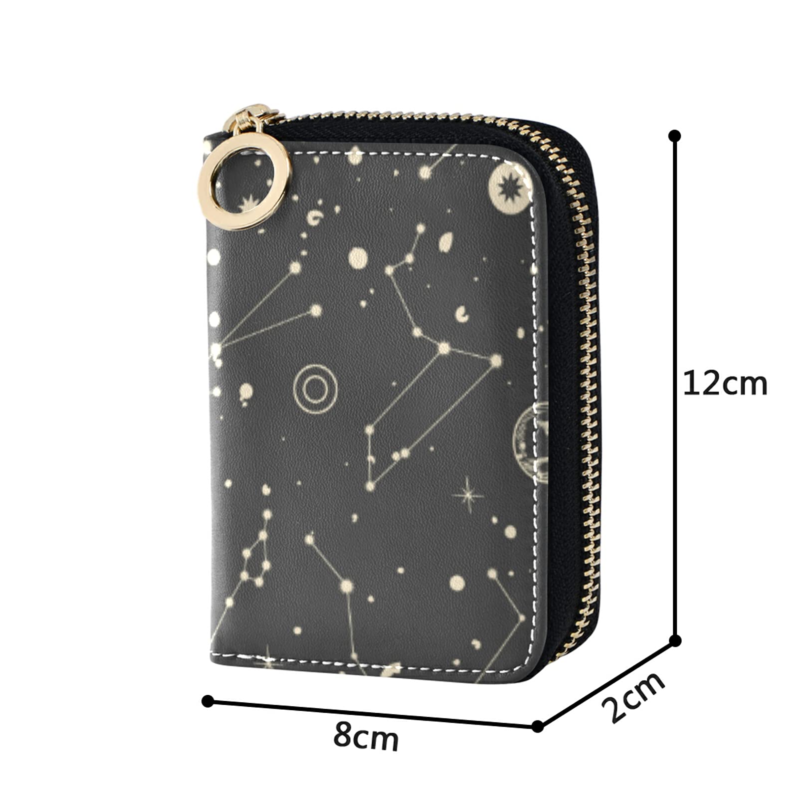 Zodiac Signs Moon Moonlight in Vintage Style on Dark Credit Card Coin wallet, Key Change Organizer Zipper Purse Compact Clutch Pouch Pocket, RFID Blocking Women Leather Card Holder