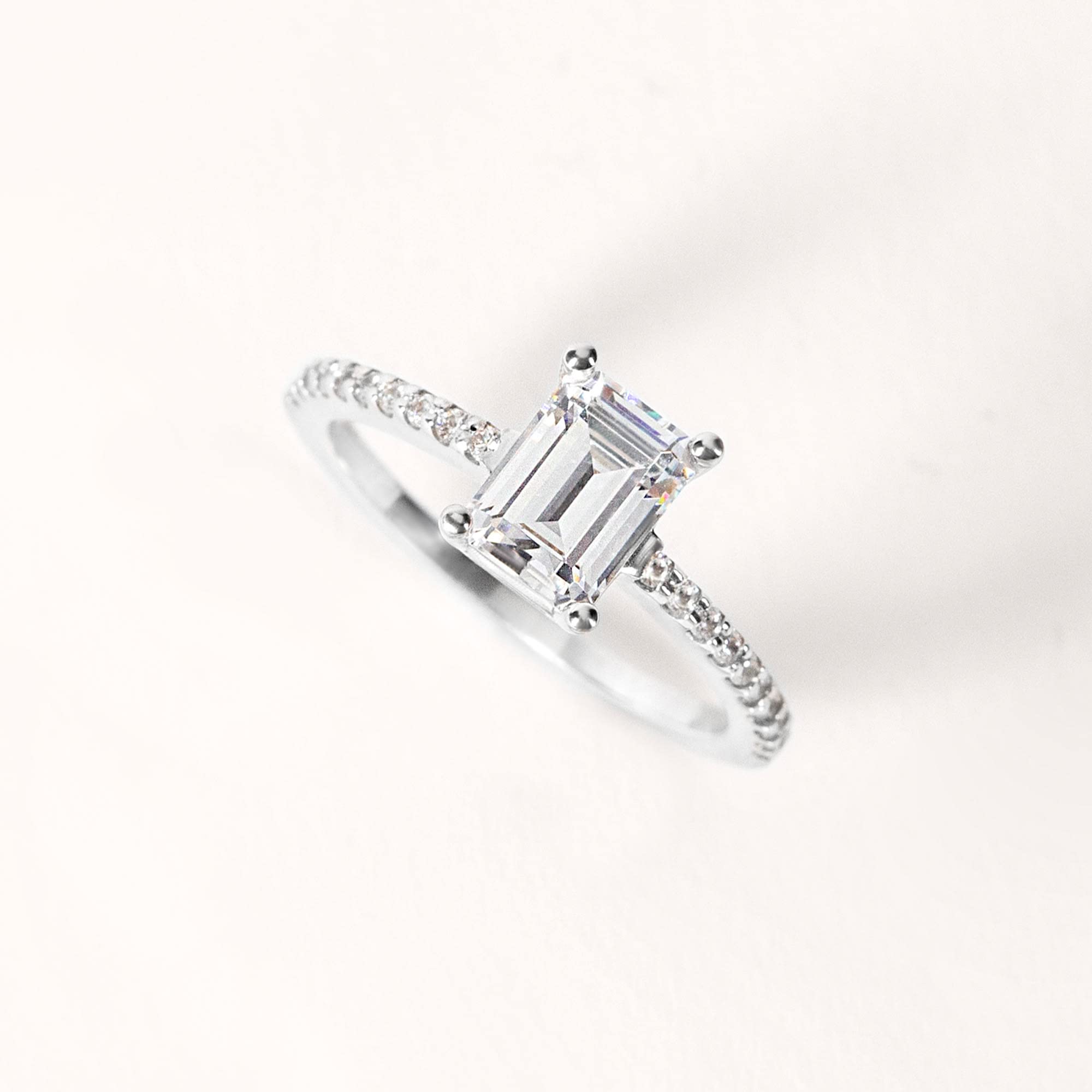 Diamond Nexus Moissanite Basket Set Accented Emerald cut Engagement Ring 1 Ct. DEW Center Emerald Cut Wedding Jewelry, F-G Color, VVS 1 Clarity, Solid 14K White Gold, Ring Size 4