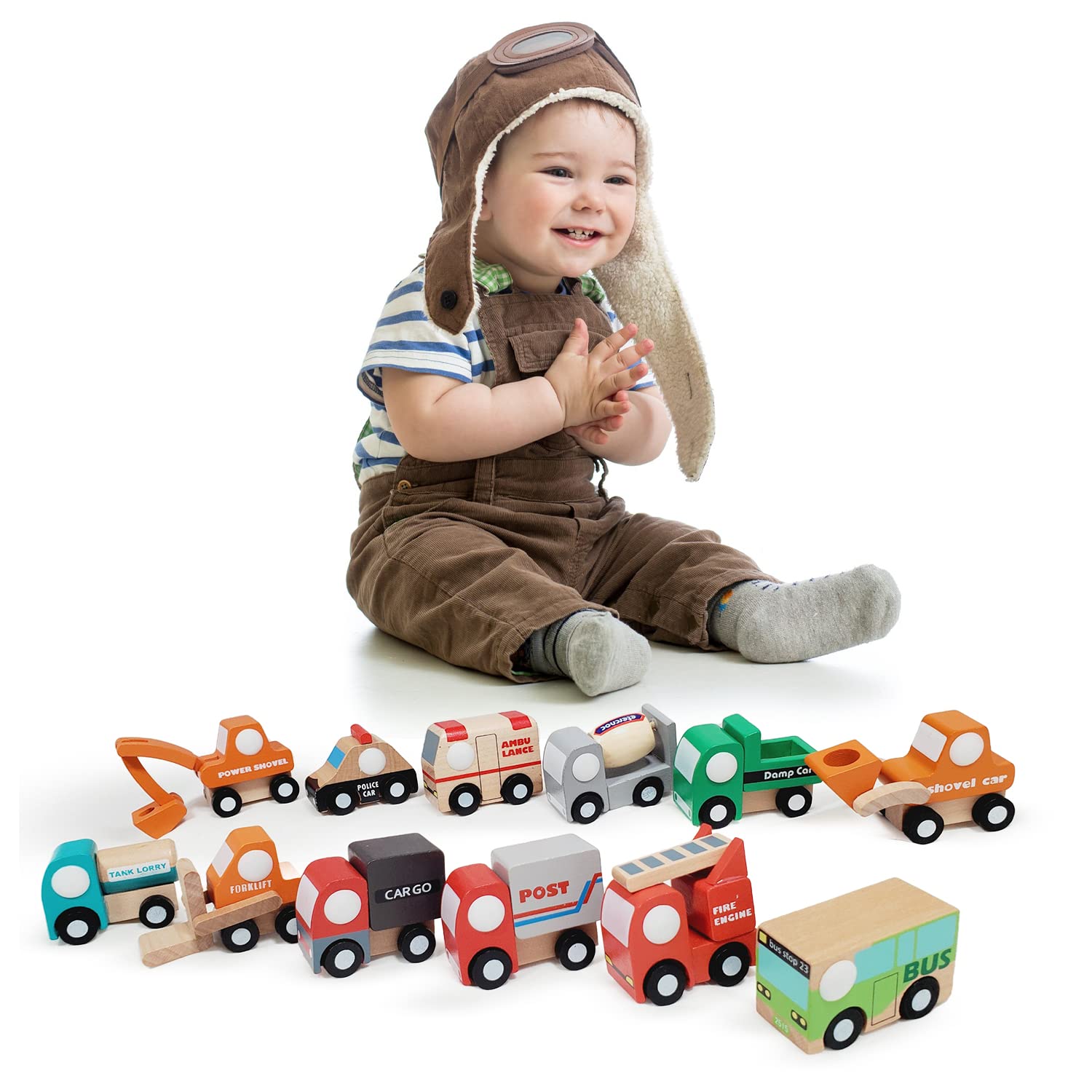 TEKOR (12) Wooden Toy Car Set | Montessori | Police Car | Fire Truck | Ambulance | (9) Other Cars| Develops Fine Motor Kills | Smooth, No Rough Edge | Child Friendly Paint |