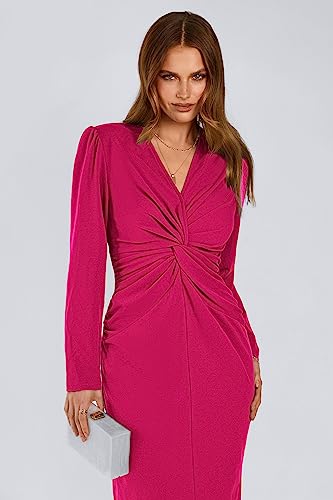 PRETTYGARDEN Women's Fall Fashion 2023 Long Puff Sleeve Maxi Dresses V Neck Twist Front Formal Dress with Slit (Rose Red,Medium)
