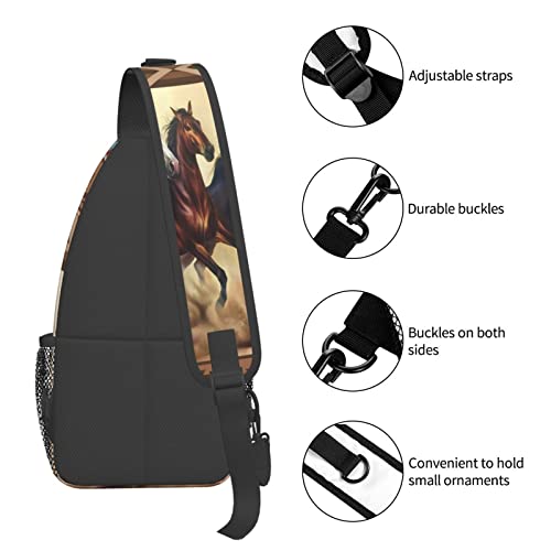 Horse Pattern Sling Bag Crossbody Backpack,Aztec Boho Ethnic Style Western Horse Chest Bag Three Horses Run In Desert Sandstorm Adjustable Shoulder Backpack Travel Hiking Casual Daypack For Men Women