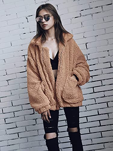 PRETTYGARDEN Women's 2023 Fashion Winter Coat Long Sleeve Lapel Zip Up Faux Shearling Shaggy Oversized Shacket Jacket (Khaki,Small)