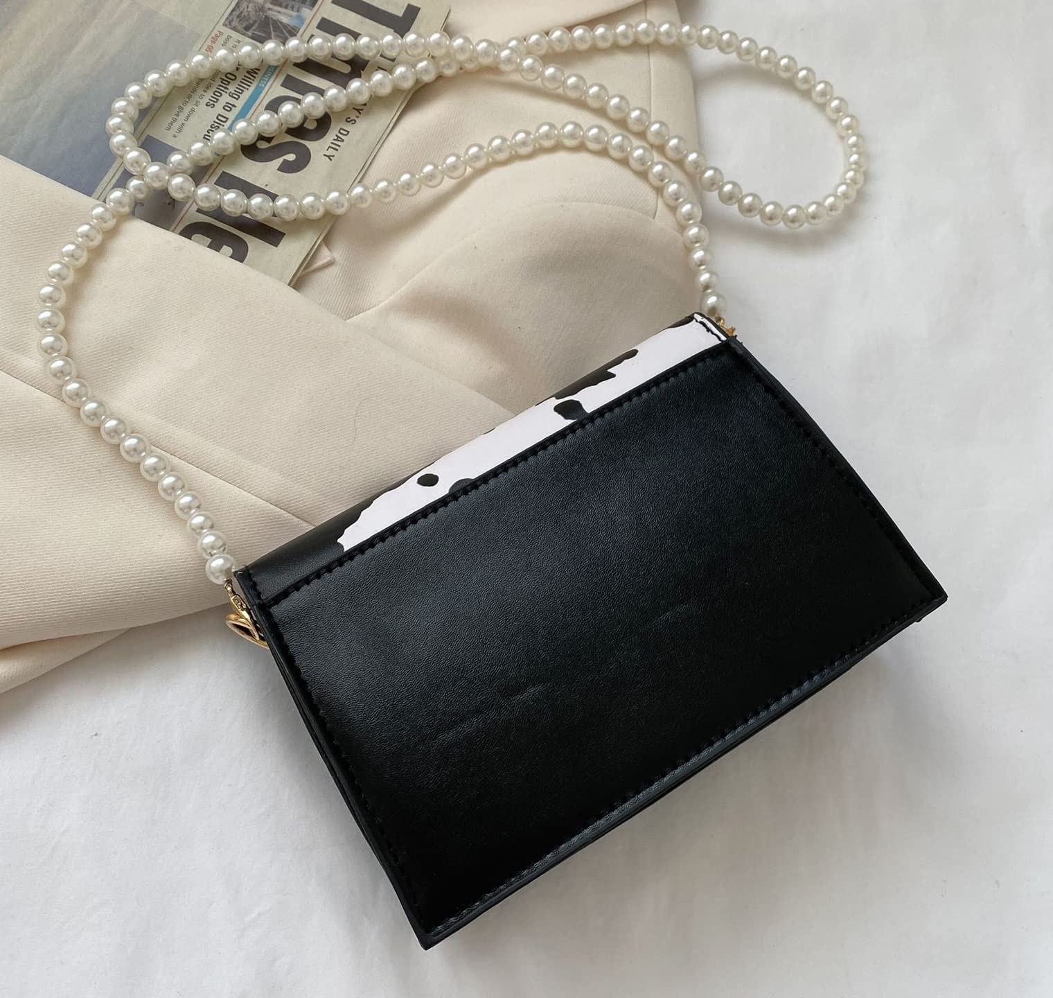 Cow Print Clutches Pearl Strap Evening Purse Mini Handbag Crossbody Bag (Beige)