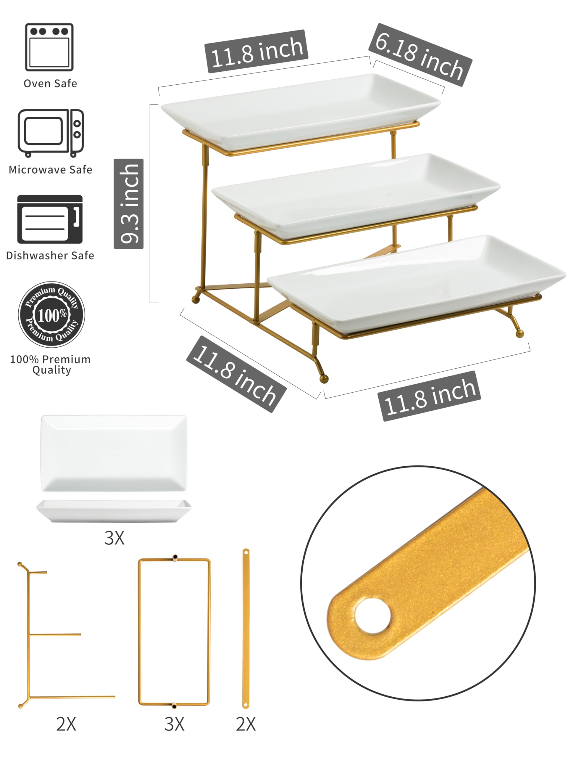 LAUCHUH 3 Tier Serving Stand Porcelain Serving Platter Tier Serving Trays with Collapsible Sturdier Rack, Serving Dishes and Platters for Thanksgiving, Christmas, Entertaining, Gold, 12 Inch
