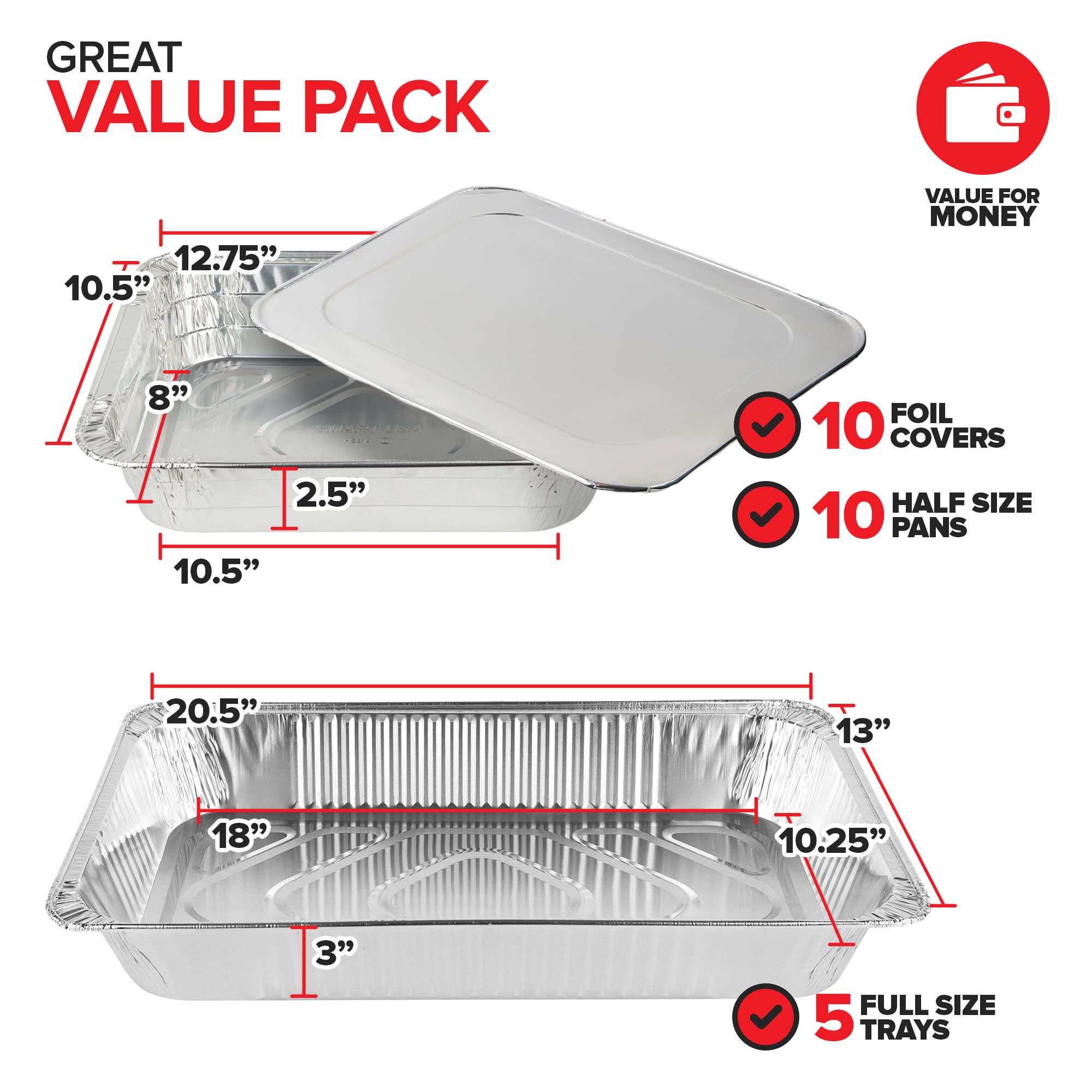Chafing Dish Buffet Set with Cover Disposable - 21x13 (5 Pack) 9x13 & Lids (10 Pack) Aluminum Serving Trays, Catering Pans for Keeping Food Warm, Chaffing Dishes for Buffets and Parties, Warming Tray