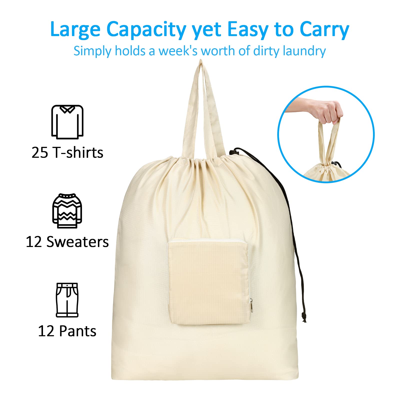 GOGOODA Travel Laundry Bags with Drawstring Closure XL Large Foldable Dirty Clothes bags with Handle Heavy Duty and Washable for College Dorm Travelling Camping, 2 Pack, Black & Beige