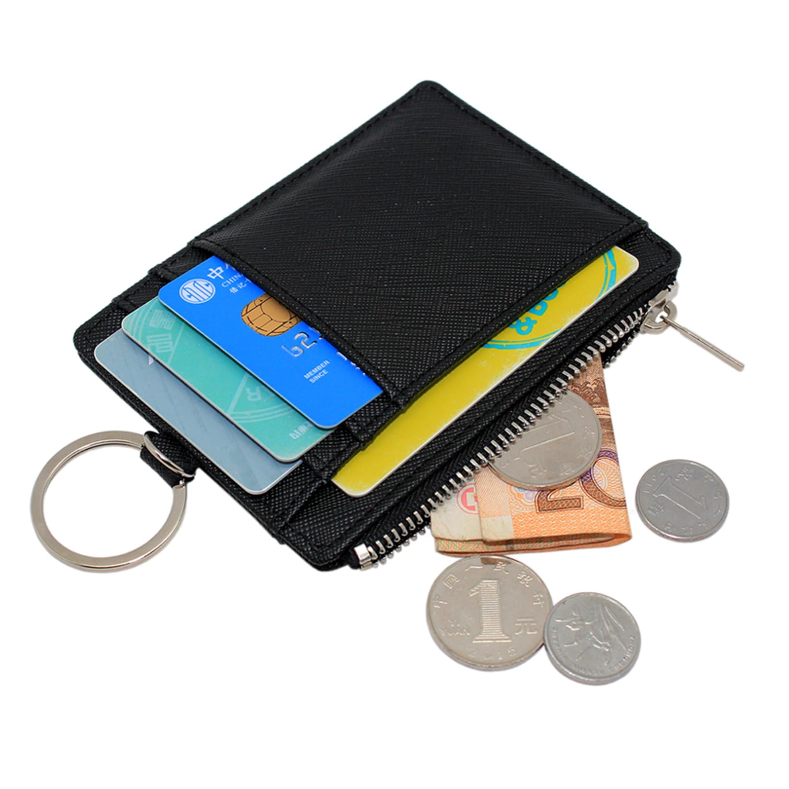 Boshiho Saffiano Leather Credit Card Holder Coin Change Purse with Key Ring Keychain - unisex