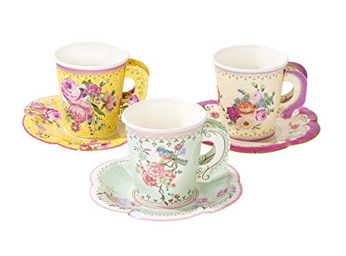 Talking Tables Truly Scrumptious Party Vintage Floral Tea Cups and Saucer Sets, Pack of 12, Height 8cm, 3", Mixed Colors