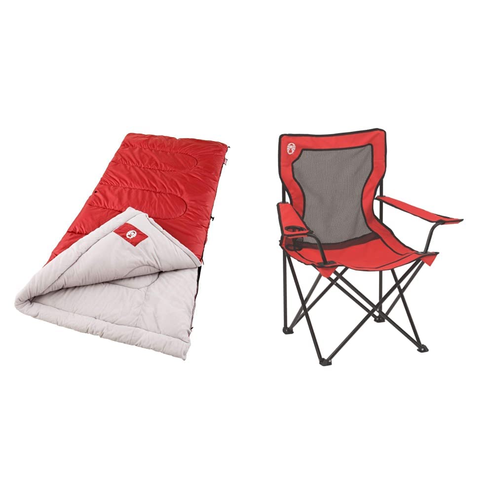 Coleman Sleeping Bag | 30°F Palmetto Sleeping Bag | Cool Weather Sleeping Bag, Red & Broadband Mesh Quad Camping Chair