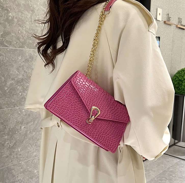 Crocodile Women's Shoulder Bag Texture Leather Bag Versatile Crossbody Chain Bag (Rose red)