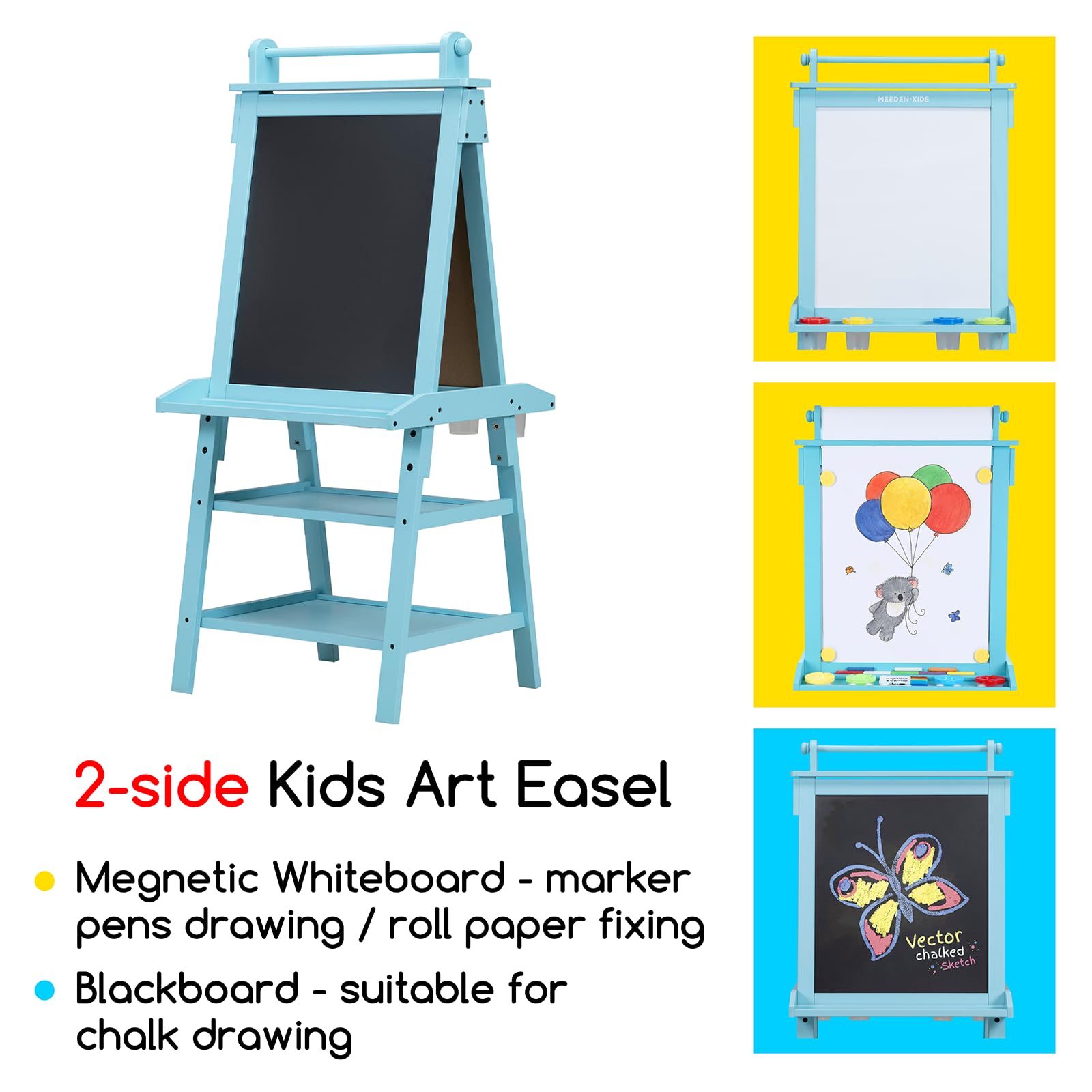 MEEDEN Art Easel for Kids: Double-Sided Solid Pine Wood Kids Easel with Paper Roll - All-in-One Kids Art Easel with Chalkboard & Magnetic Whiteboard - Walnut