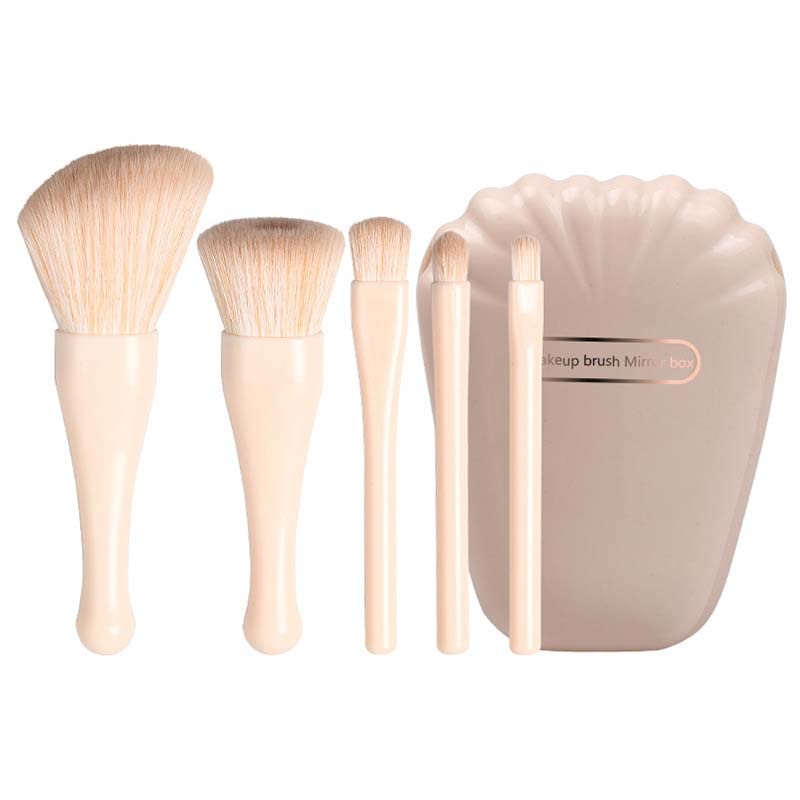 COSHINE Shell Portable Travel Makeup Brush Set, 5pcs Mini Complete Function Cosmetic Brushes with Mirror Set (Beidge)
