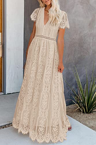 PRETTYGARDEN Women's Floral Lace Maxi Dress 2023 Short Sleeve V Neck Bridesmaid Wedding Evening Party Dresses (Apricot,Medium)