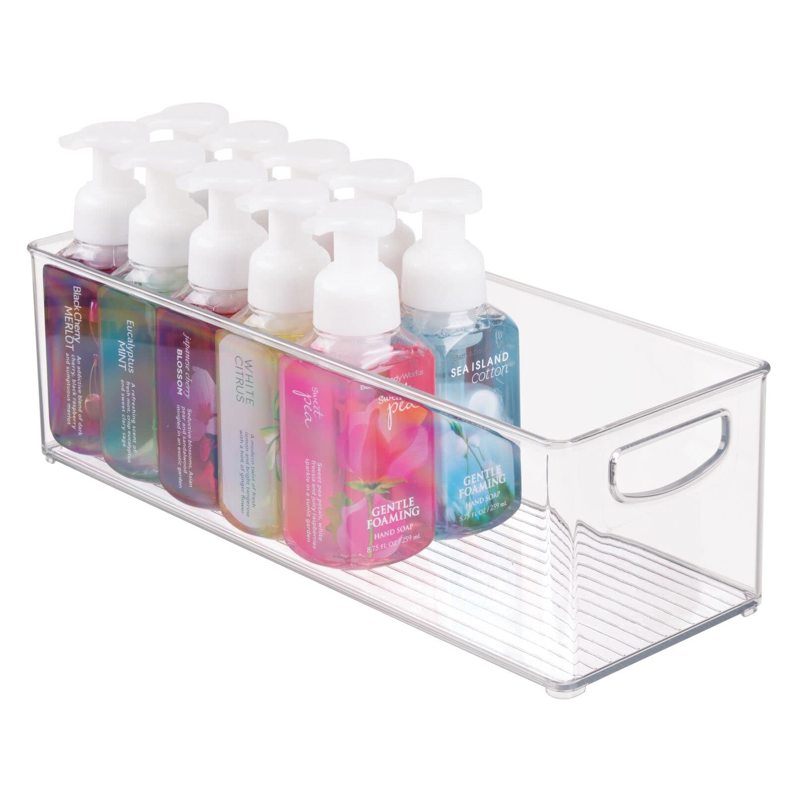 mDesign Plastic Toiletry Organizer for Bathroom - Storage Holder Bin w/Handles for Vanity, Drawers, Dresser - Holds Hair Products, Makeup, Lotion, Skincare and More - Ligne Collection - Clear