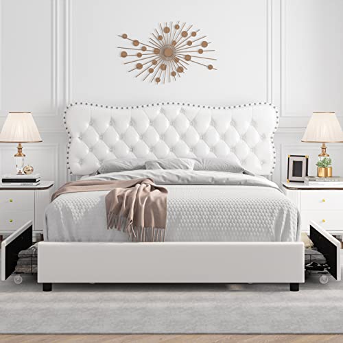 HOSTACK Full Bed Frame with 4 Storage Drawers, Upholstered Platform Bed Frame with Button Tufted Headboard, Heavy Duty Mattress Foundation with Wooden Slats, No Box Spring Needed (White, Full)