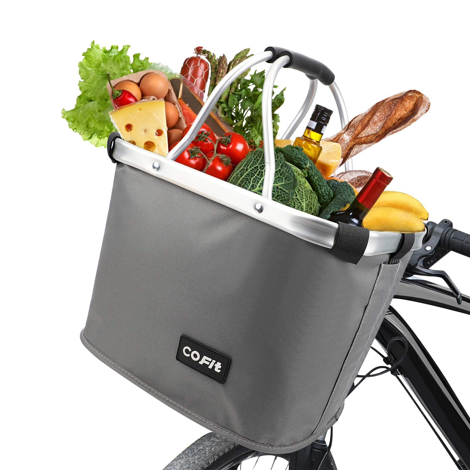 COFIT Collapsible Bike Basket, Multi-Purpose Detachable Bicycle Basket for Pet, Shopping, Commuting, Camping and Outdoor, Basic Gray