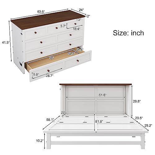 JIVOIT Queen Size Mobile Murphy Bed, Solid Pine Murphy Bed Chest with Charging Station and Large Storage Drawer, Queen Foldable Platform Bed for Home Office or Small Room
