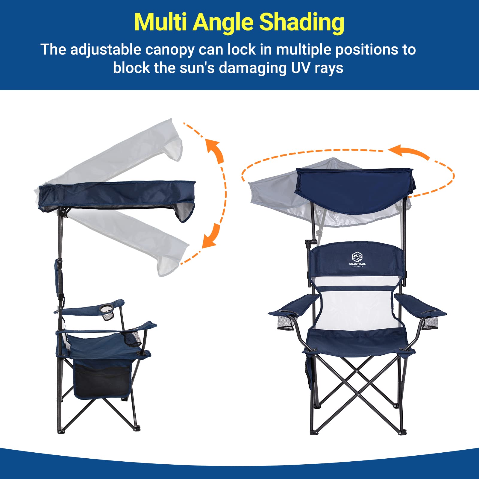 Coastrail Outdoor Canopy Folding Camping Chair with Multi-Position Adjustable Sun Shade Lawn Chair, SPF 50+ Sun Protection with Cup Holder & Storage Pockets, Portable Design for Beach, Camping, Patio