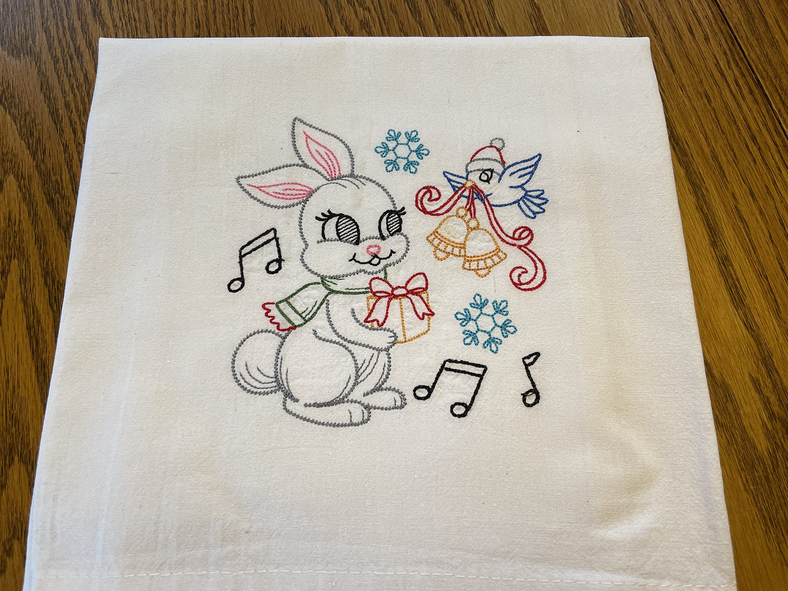 Christmas embroidered flour sack tea towel, Christmas bunny, vintage pattern, 1 in set of 7 designs, machine embroidery