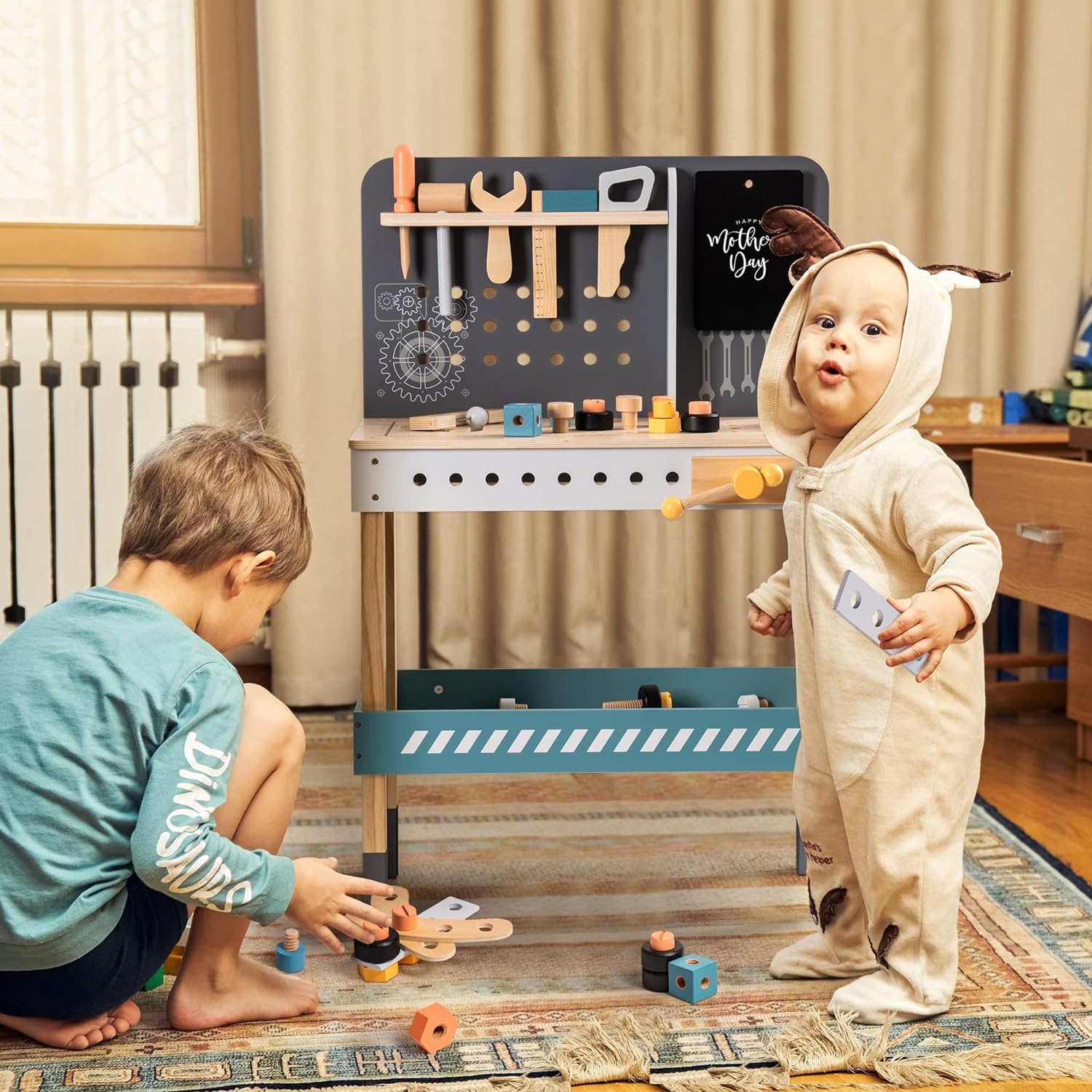 ROBUD Tool Bench Set for Toddlers Wooden Workbench Toy Workshop Construction Tools Bench Creative Pretend Play Toys Education Gift for Kid Boys Girls