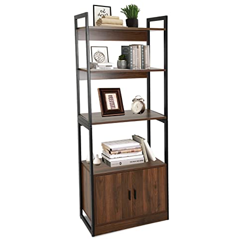 ECOMEX Industrial Bookshelf and Bookcase with 2 Doors,Display Standing Shelf Units,4-Tier Bookshelf with Storage Cabinet for Home Office,Bedroom,Vintage Brown