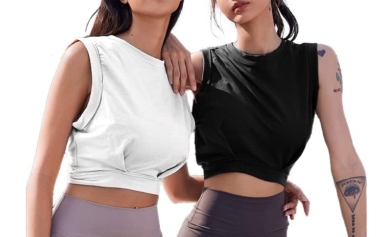 Crop Top Athletic Shirts for Women Cute Cotton Sleeveless Yoga Tops Running Gym Workout Shirts 2 Pack