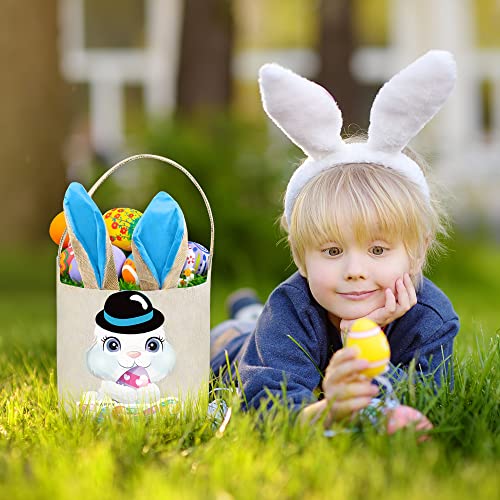 Easter Basket Bunny Canvas Bag - Easter Eggs Gift Baskets for Kids Eggs Hunt Bag Easter Bunny Tote Bag Easter Decorations (Blue)