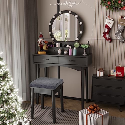 ISHARINGTIME Vanity Table, Vanity Desk with Lighted Mirror, 4 Drawers Makeup Table with Soft Cushioned Stool for Bedroom Studio (Black) TYVT010BK